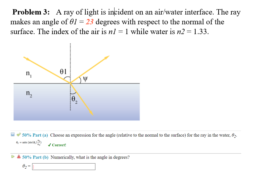 Solved: Problem 3: A Ray Of Light Is Incident On An Air/wa... | Chegg.com