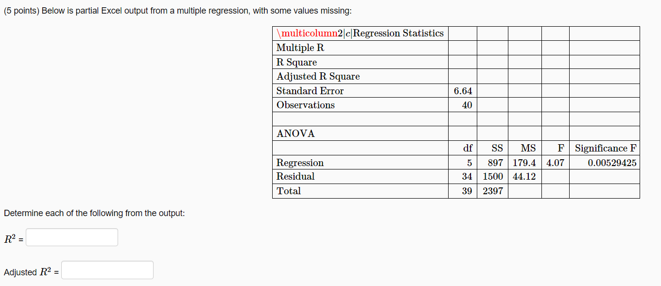 Solved (5 points) Below is partial Excel output from a | Chegg.com