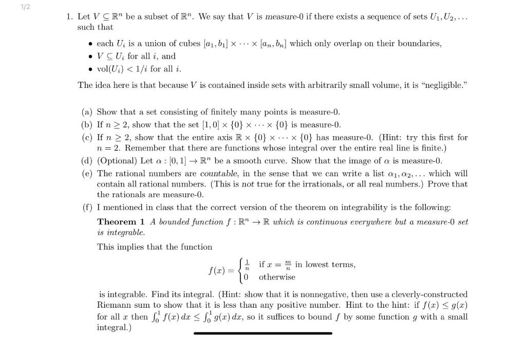 Solved Let V⊆Rn be a subset of Rn. We say that V is measure- | Chegg.com