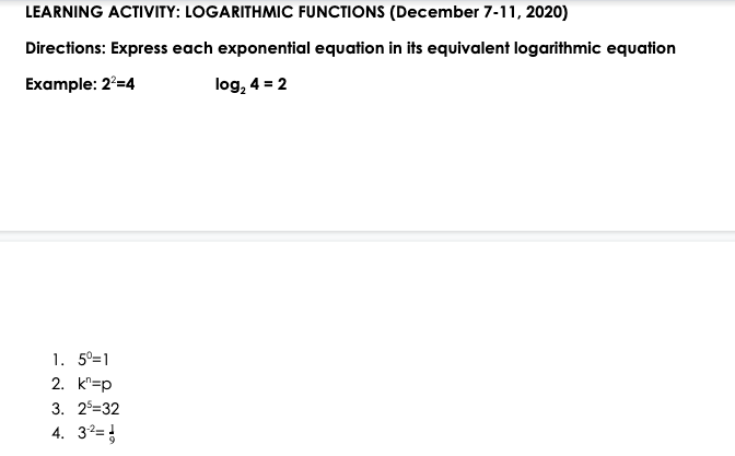 Solved LEARNING ACTIVITY: LOGARITHMIC FUNCTIONS (December | Chegg.com
