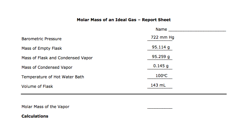 Solved Molar Mass of an Ideal Gas - Report Sheet Name 722 mm | Chegg.com