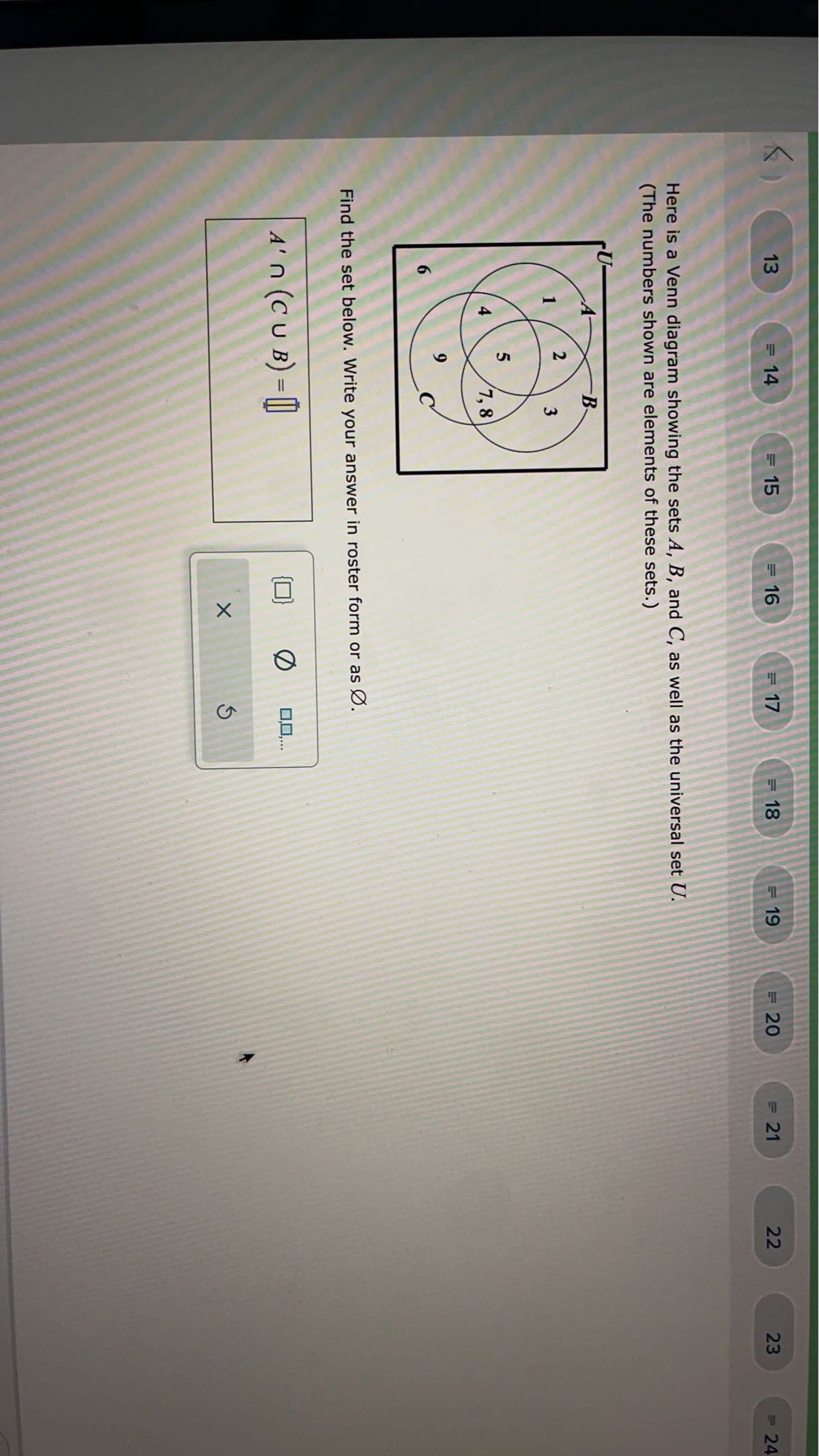 Solved Here is a Venn diagram showing the sets A,B, and C, | Chegg.com