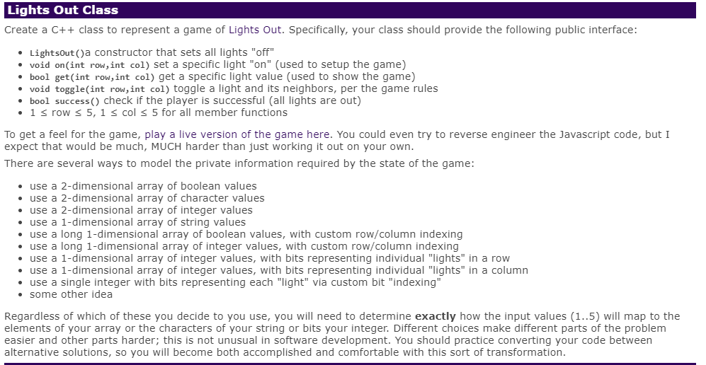 Solved Lights Out Class Create a C++ class to represent a | Chegg.com