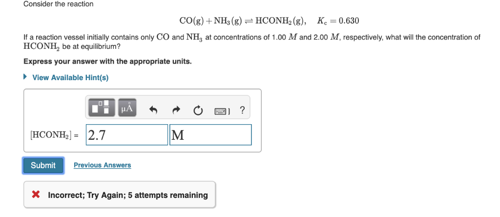 Solved Consider the reaction CO(g)NH3 (g) HCONH2 (g), Kc = | Chegg.com