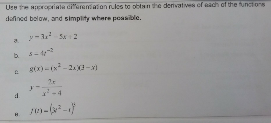 Solved Use the appropriate differentiation rules to obtain | Chegg.com