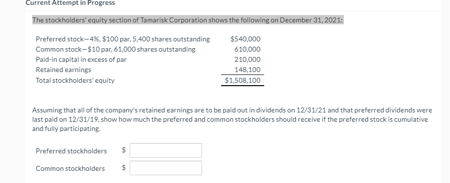 Solved Current Attempt in Progress The stockholders' equity | Chegg.com