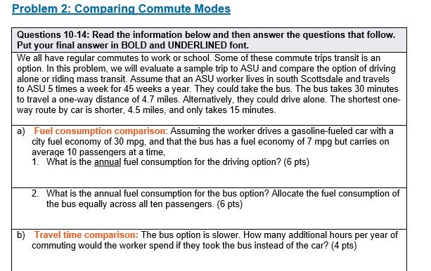 Problem 2: Comparing Commute Modes Questions 10-14: | Chegg.com