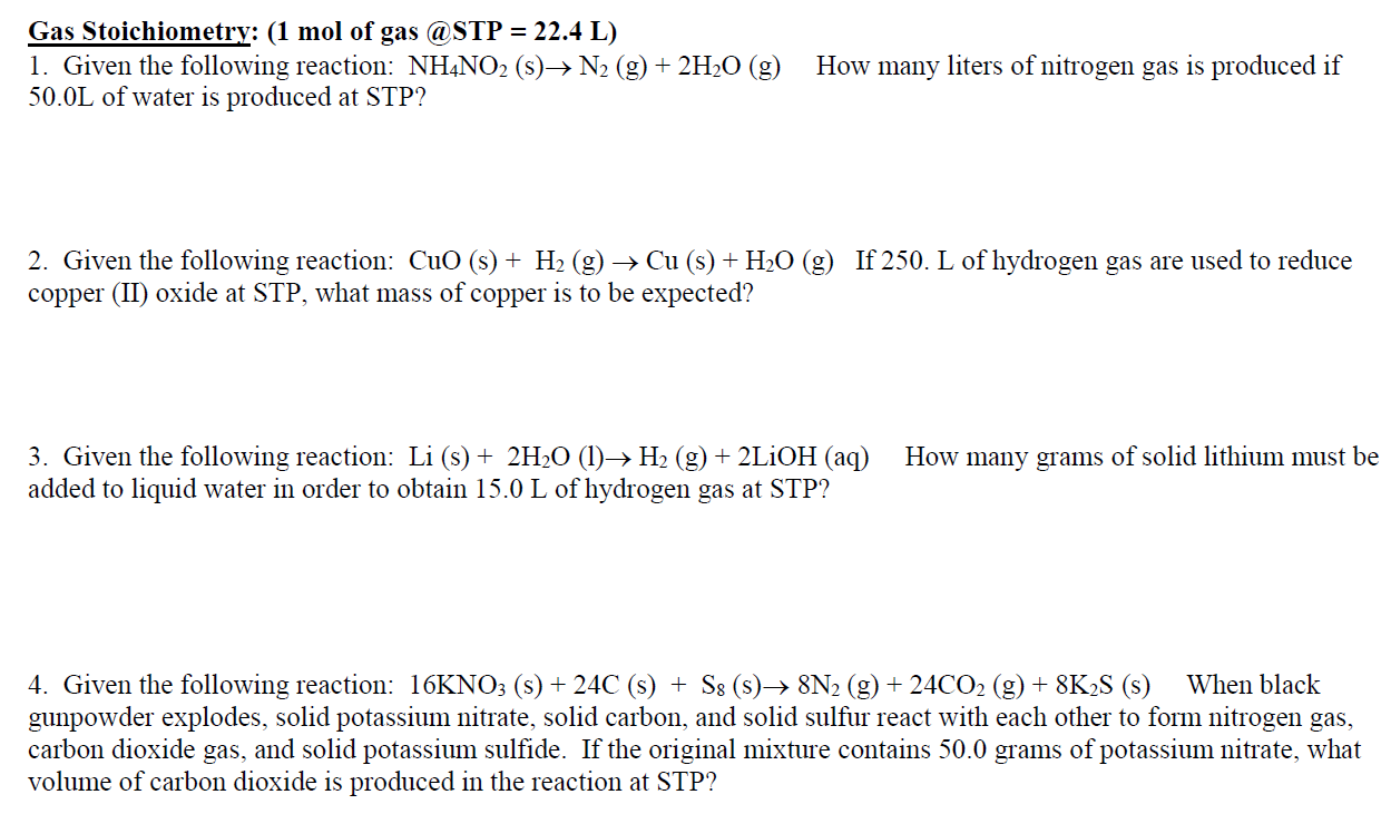 Solved Gas Stoichiometry: (1 mol of gas @STP=22.4 L) 1. | Chegg.com