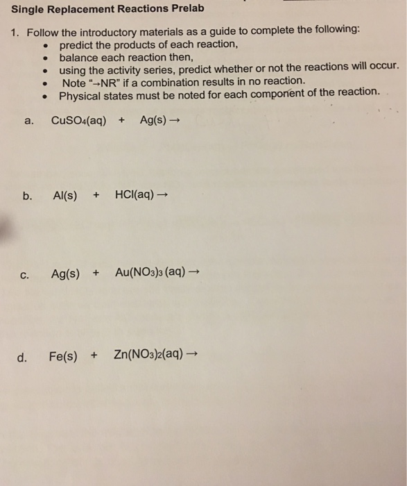 Solved Single Replacement Reactions Prelab 1. Follow the | Chegg.com