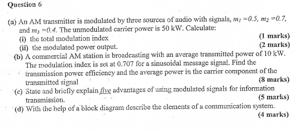 Solved Question 6 (a) An AM transmitter is modulated by | Chegg.com