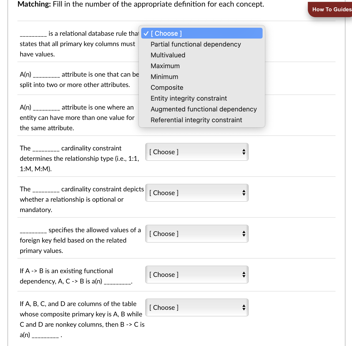 Solved Match each question to its corresponding value from | Chegg.com