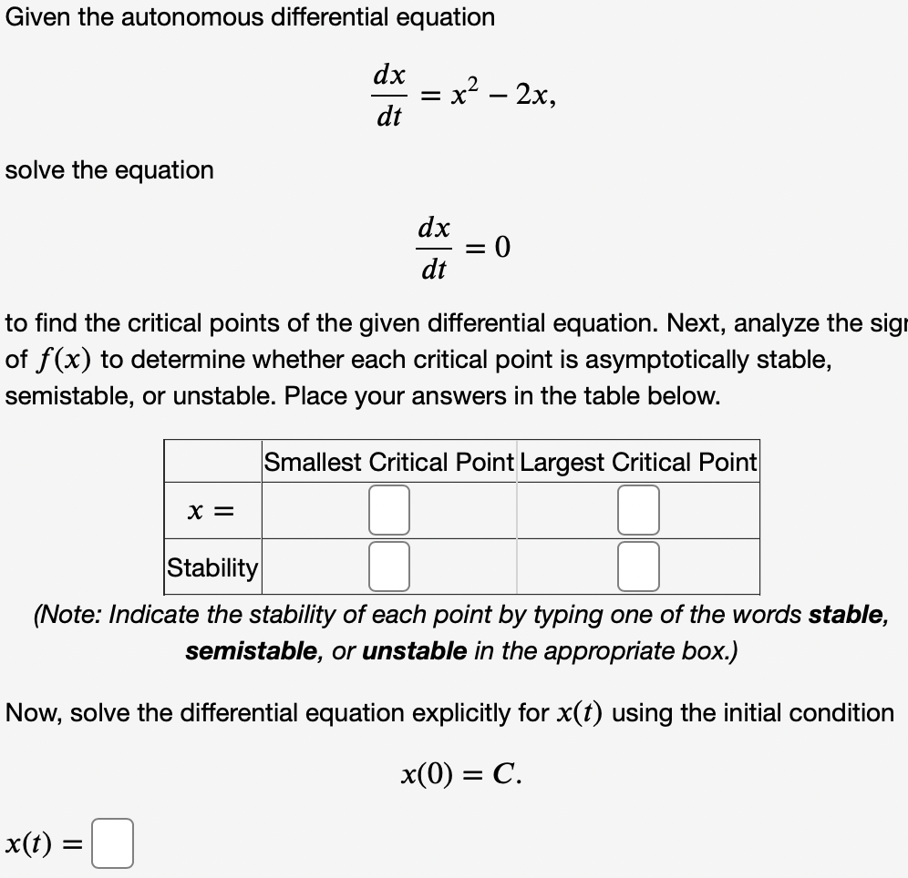 Solved Given the autonomous differential equation dtdx=x2−2x | Chegg.com