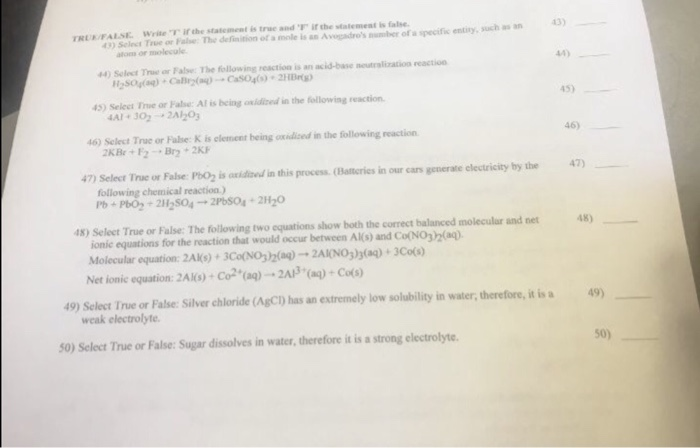 Solved 3Select Tue or Fase The definition of a mole is an | Chegg.com