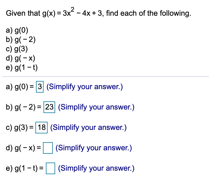 Solved Given that g(x) = 3x2 - 4x + 3, find each of the | Chegg.com
