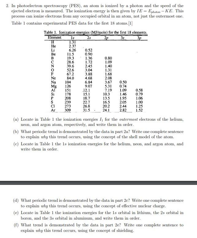 Solved 2. In photoelectron spectroscopy (PES), an atom is | Chegg.com
