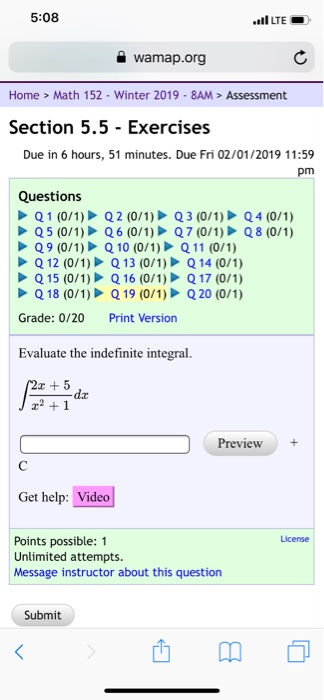 Solved 5:08 LTE 岫wamap.org wamap.org Home > Math 152 - | Chegg.com