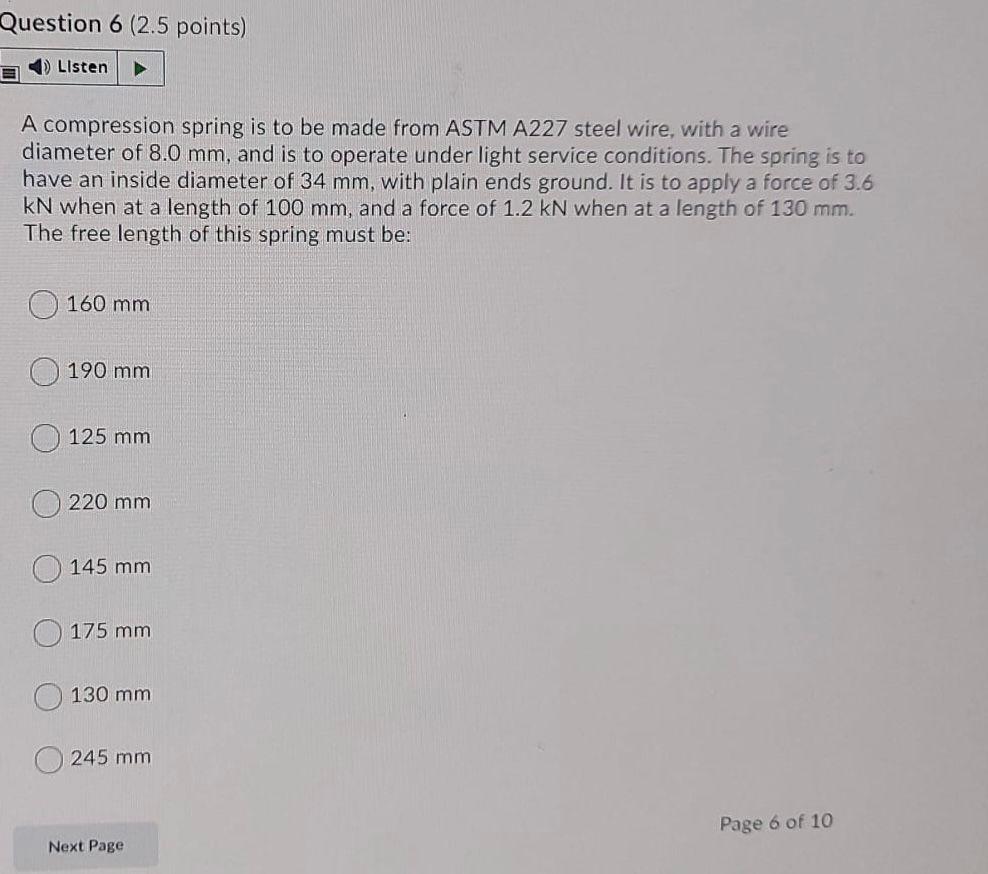 Solved A compression spring is to be made from ASTM A227 | Chegg.com