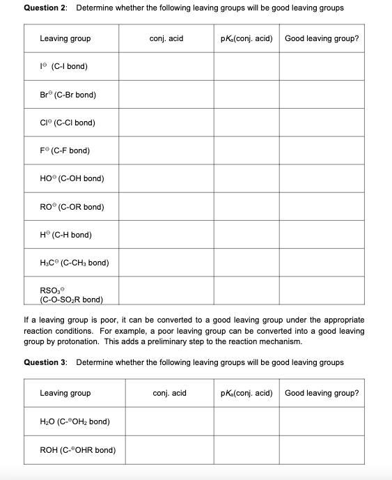 Solved Determine whether the following leaving groups will | Chegg.com
