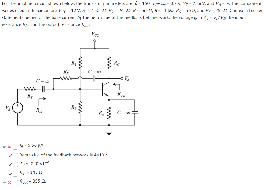 Solved For the amplifier circuit shown below, the transistor | Chegg.com