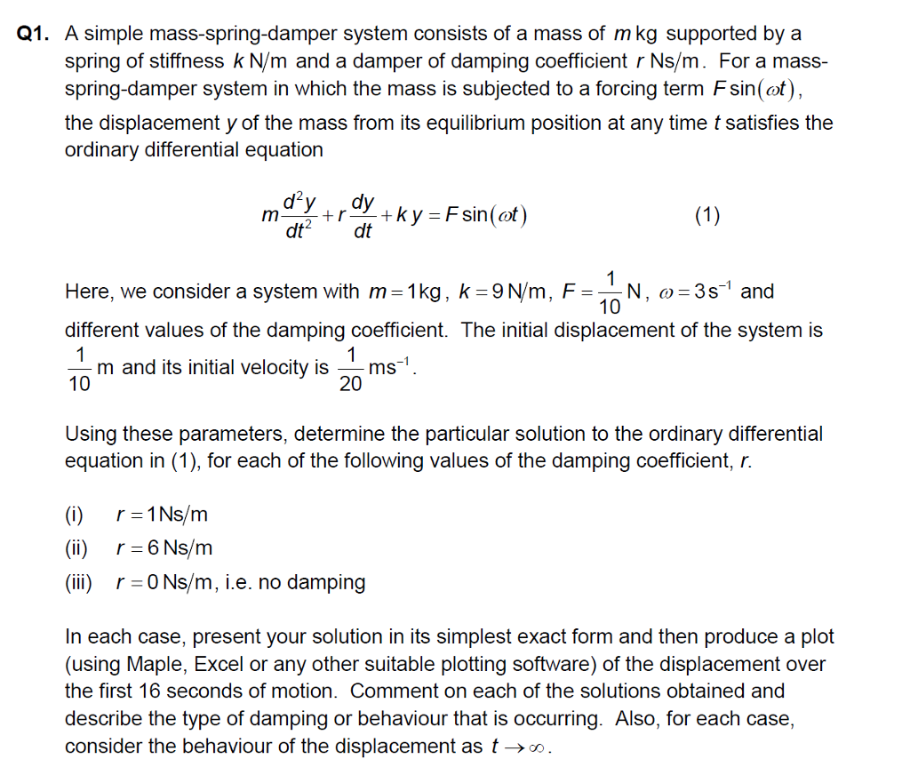 Solved Q1. A simple mass-spring-damper system consists of a | Chegg.com