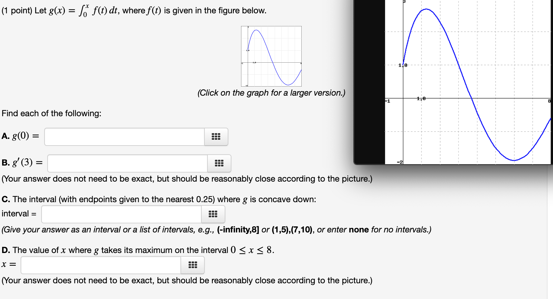 Solved (1 point) Let g(x) = 6** f(t) dt, where f(t) is given | Chegg.com