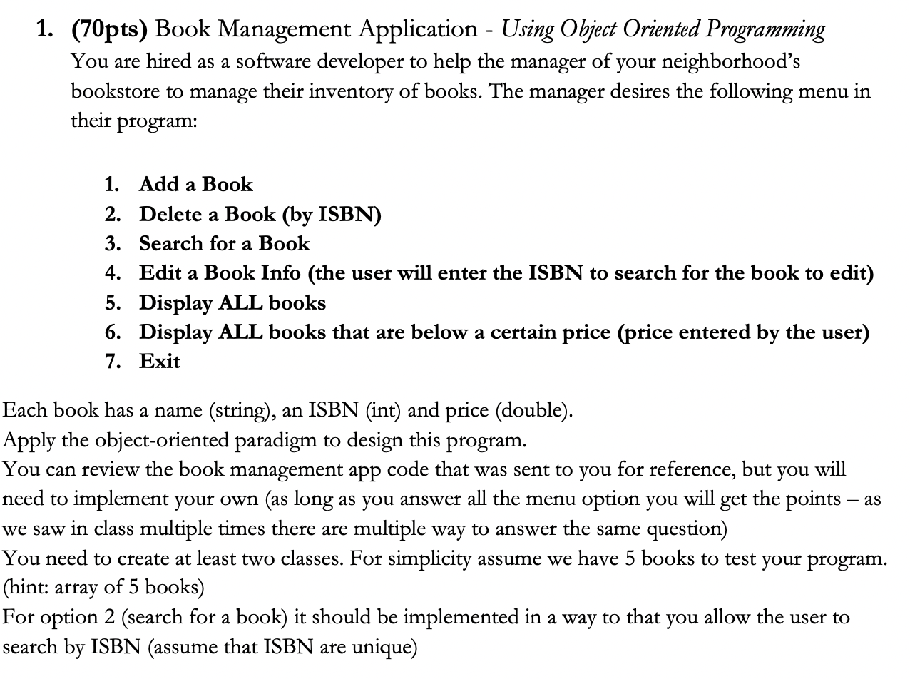 Solved 1. (70pts) Book Management Application - Using Object | Chegg.com