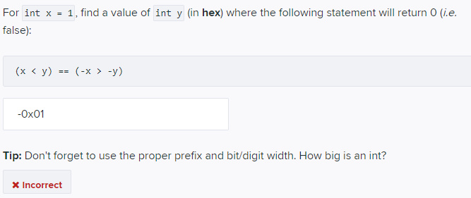 Solved For int x = 1, find a value of int y (in hex) where | Chegg.com