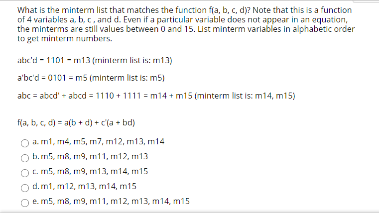 Solved What is the minterm list that matches the function | Chegg.com