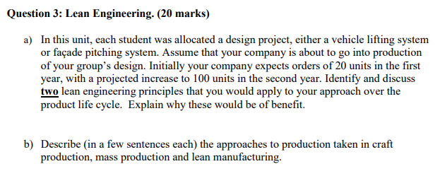 Solved Question 3: Lean Engineering. (20 marks) a) In this | Chegg.com