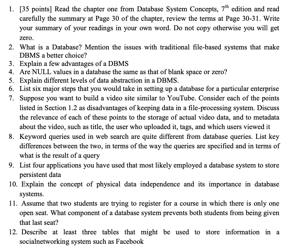 Solved 1. [35 points ] Read the chapter one from Database | Chegg.com