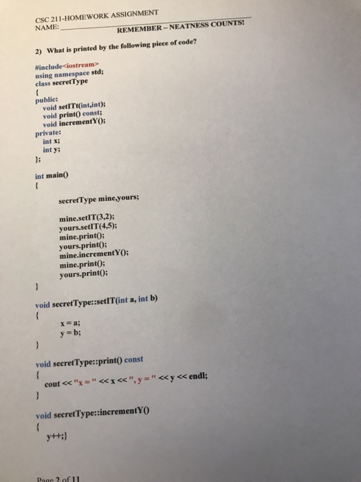 Solved CSC 211-HOMEWORK ASSIGNMENT NAME REMEMBER-NEATNESS | Chegg.com