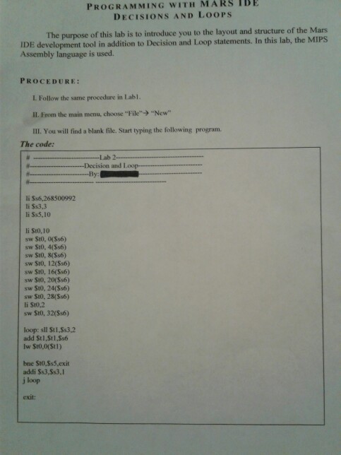 Solved PROGRAMMING WITH MARS IDE DECISIONS AND LOOPS The | Chegg.com