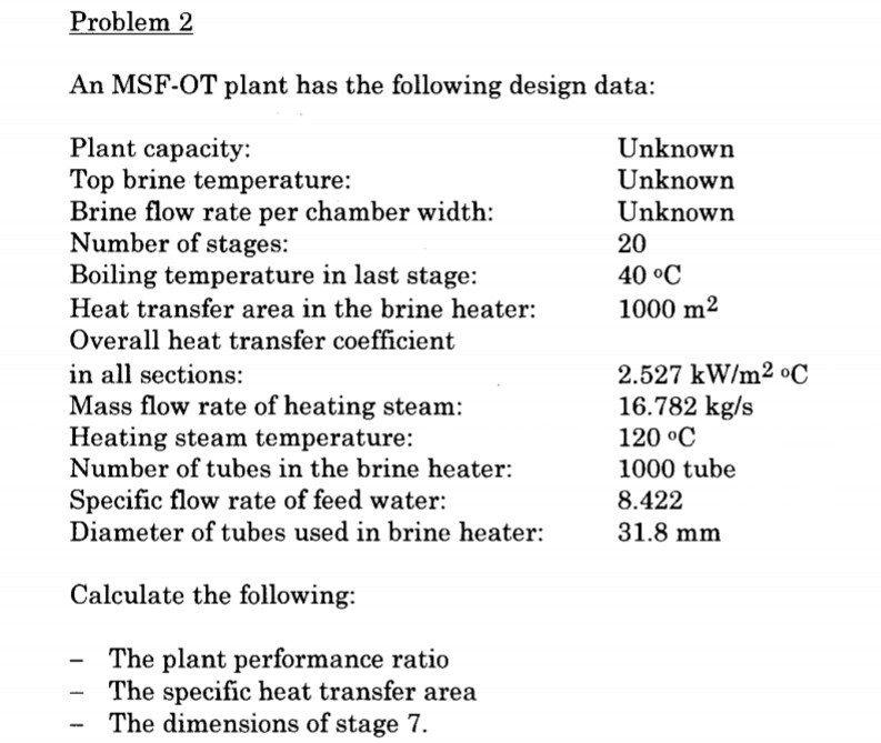 Problem 2 An MSF-OT plant has the following design | Chegg.com