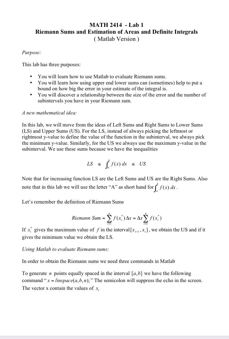 Solved MATH 2414 - Lab 1 Riemann Sums and Estimation of | Chegg.com