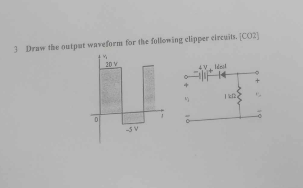 Solved 3 Draw the output waveform for the following clipper | Chegg.com