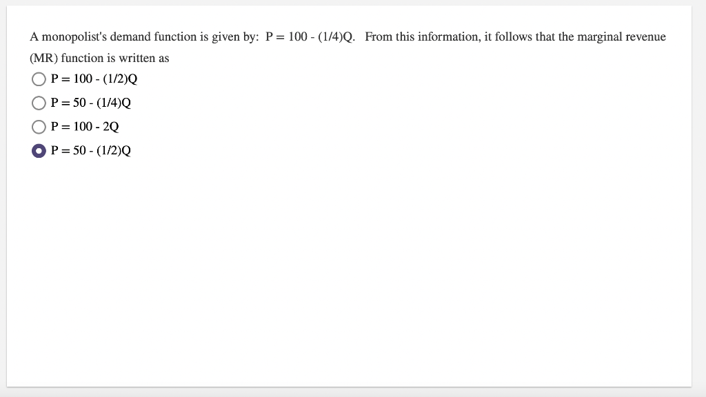 Solved A monopolist's demand function is given by: P= 100 - | Chegg.com