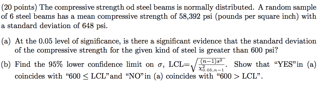 Solved (20 points) The compressive strength od steel beams | Chegg.com
