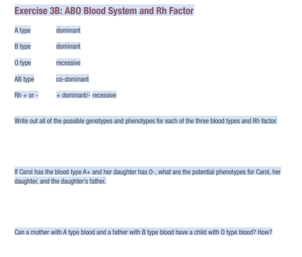 Solved Exercise 3B: AB0 Blood System and Rh Factor A type | Chegg.com