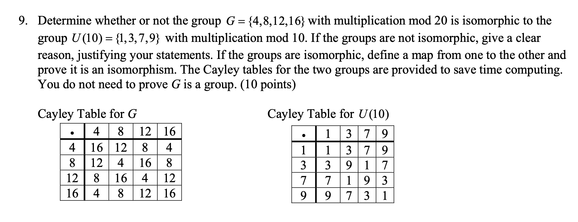 Solved 9. Determine whether or not the group G= {4,8,12,16) | Chegg.com