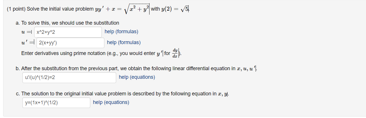 Solved (1 point) Solve the initial value problem yy' + x = | Chegg.com