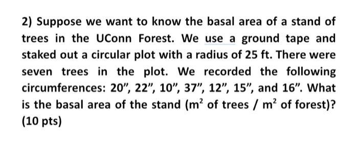 Solved 2) Suppose we want to know the basal area of a stand | Chegg.com