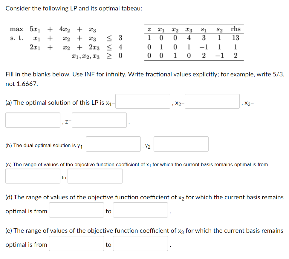 Solved Consider the following LP and its optimal tabeau: | Chegg.com