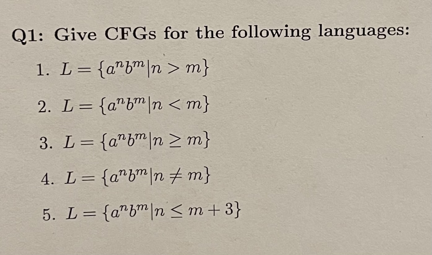 Solved Q1: Give CFGs for the following languages: 1. | Chegg.com