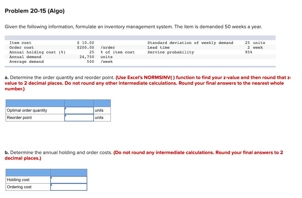 Solved Problem 20-15 (Algo) Given the following information, | Chegg.com