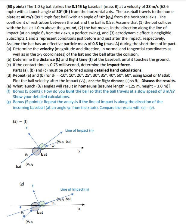 Solved (50 points) The 1.0 kg bat strikes the 0.145 kg | Chegg.com