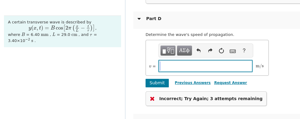 Solved A certain transverse wave is described byPart | Chegg.com
