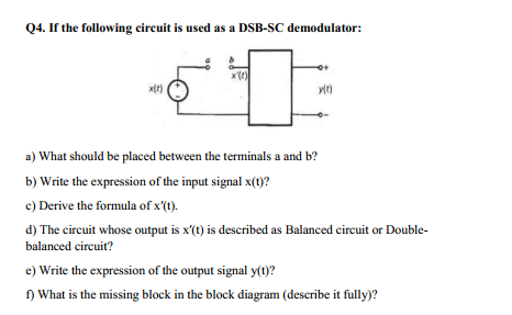 Solved Q4. If the following circuit is used as a DSB-SC | Chegg.com