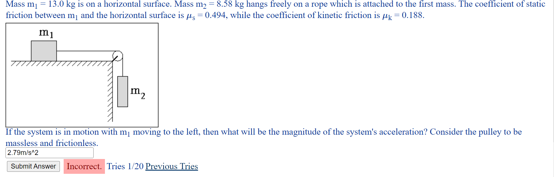 Solved Mass m1=13.0 kg is on a horizontal surface. Mass | Chegg.com