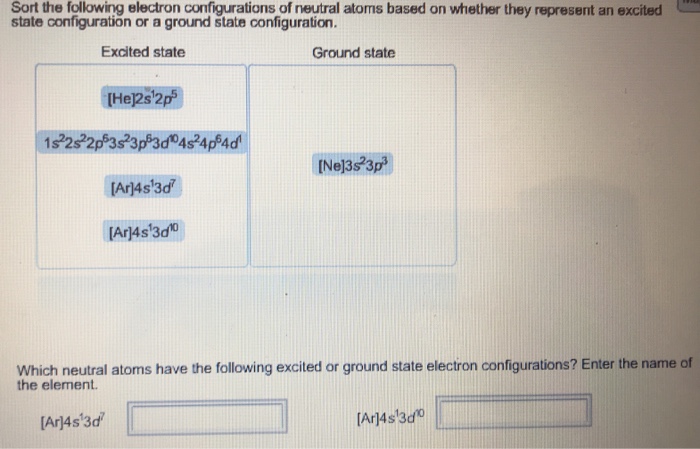 Solved Sort the following electron configurations of neutral | Chegg.com