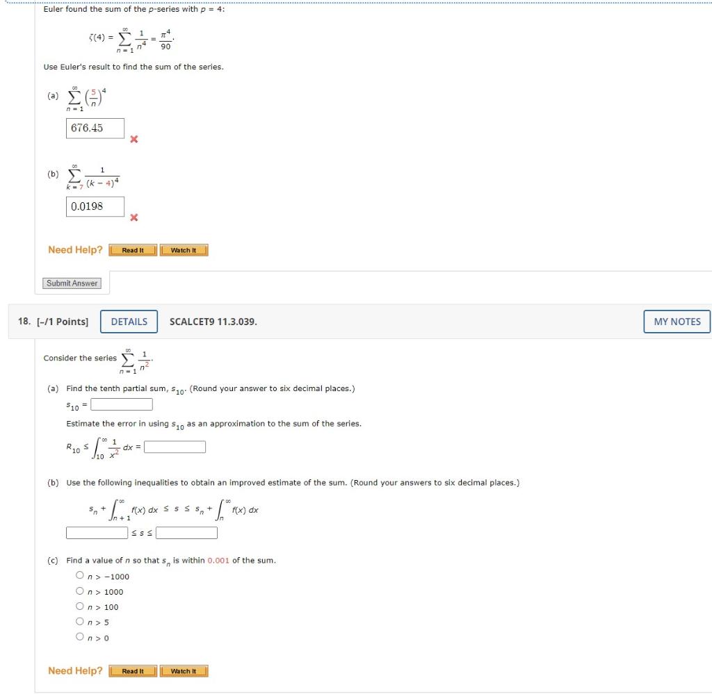 Solved Euler found the sum of the p-series with p = 4: so | Chegg.com